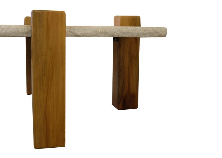 21st Century White Marble Top Coffee Table with Oak Notched Legs For ...