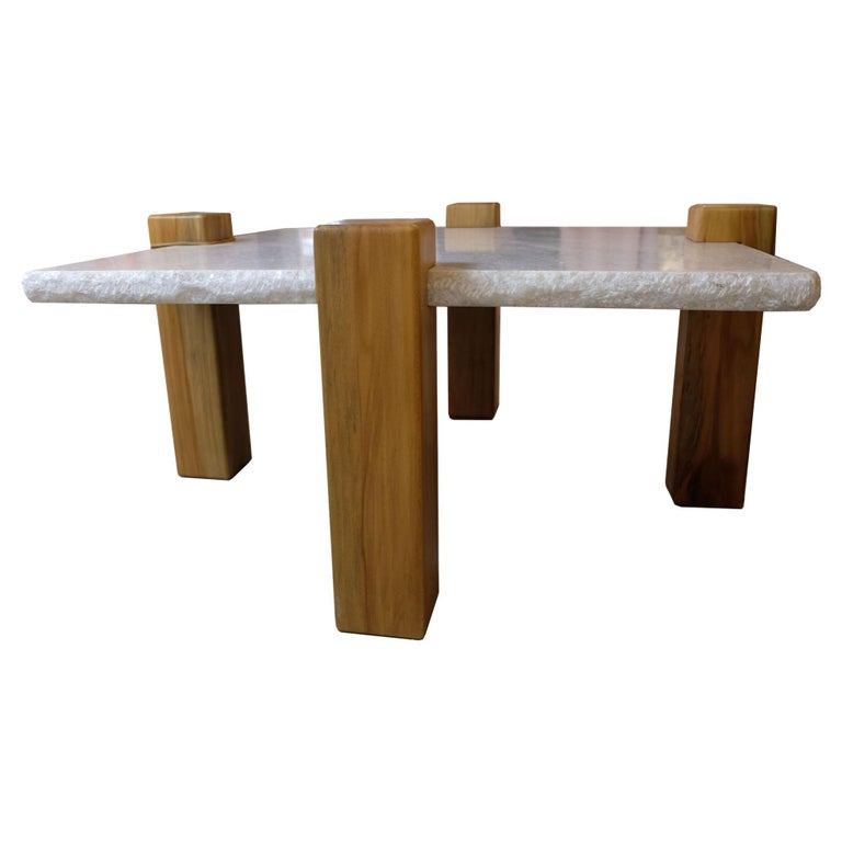 21st Century White Marble Top Coffee Table with Oak Notched Legs For ...