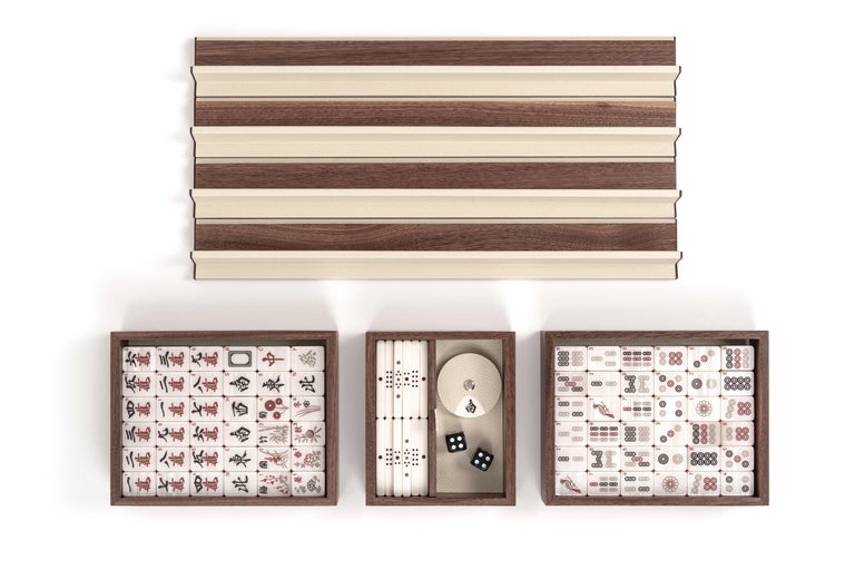 21st Mahjong Game Set in Walnut Wood and Leather Handmade in Italy For ...