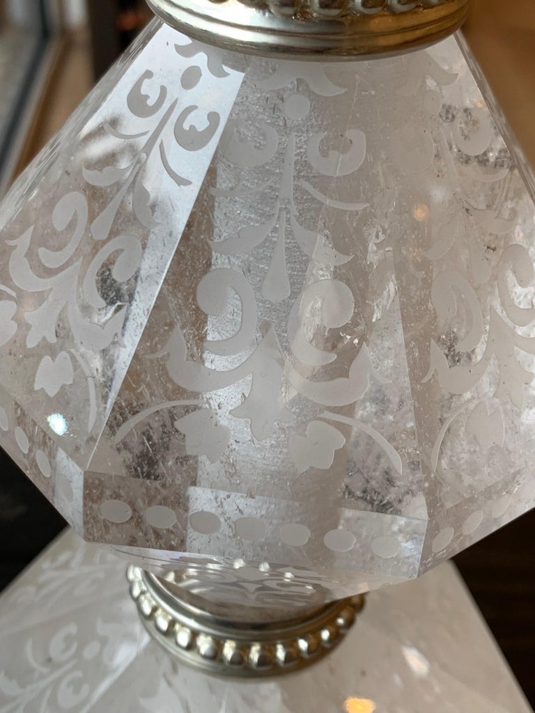 21th Century Table Lamp in Silver Bronze and Rock Crystal Engraved with ...