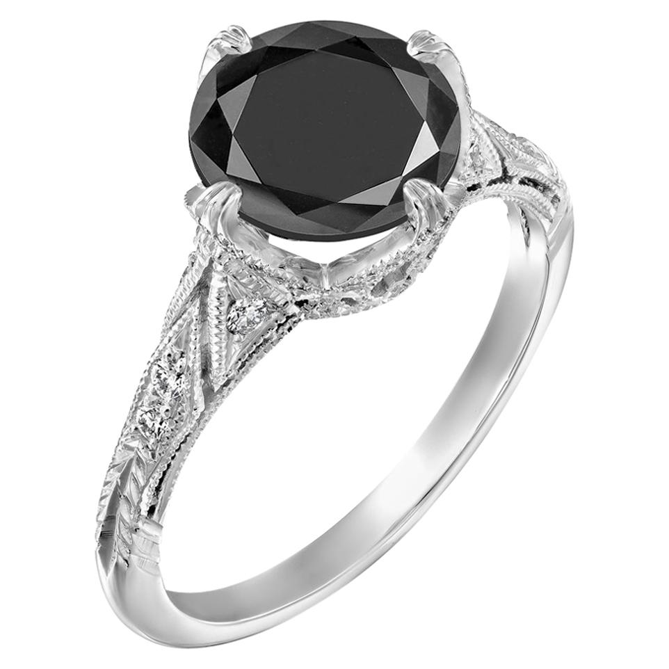 6 Carat 14 Karat White Gold Certified Round Black Diamond Ring At