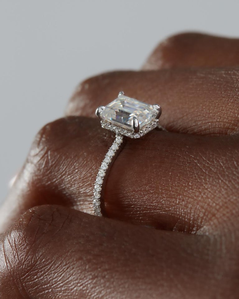 2.2 Ct Emerald Cut Moissanite 14K Floating Solitaire Pavè Ring For Sale ...