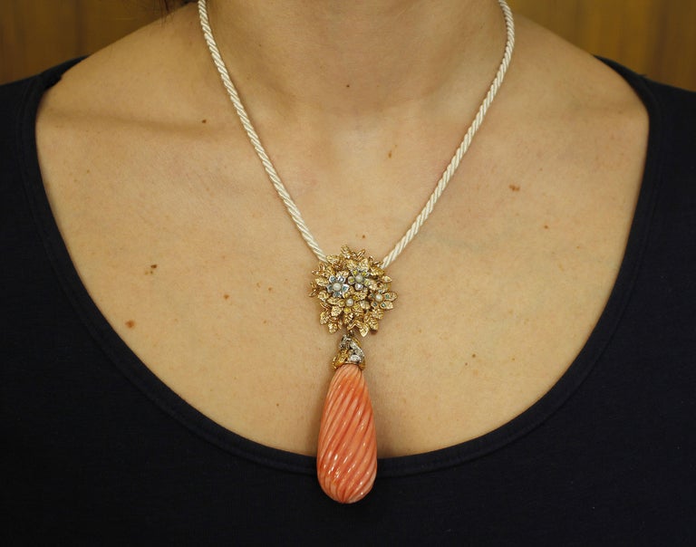 22 g Engraved Big Orange Coral, Diamonds, Pearls, 14K Yellow/White Gold ...