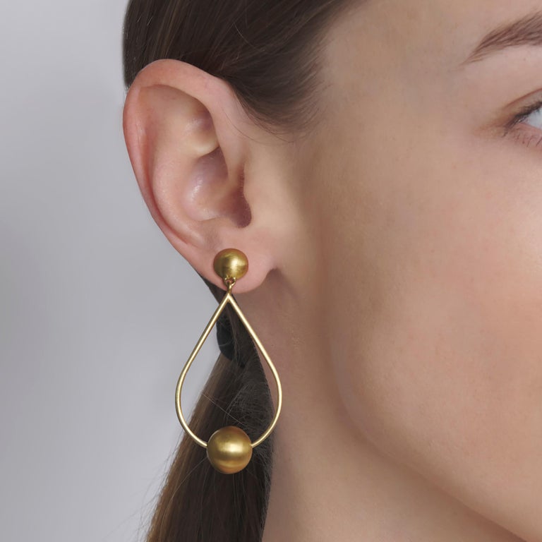 Gold Pear Shaped Wire Hoops with Round Orb Beads, Button Posts, Dangle ...