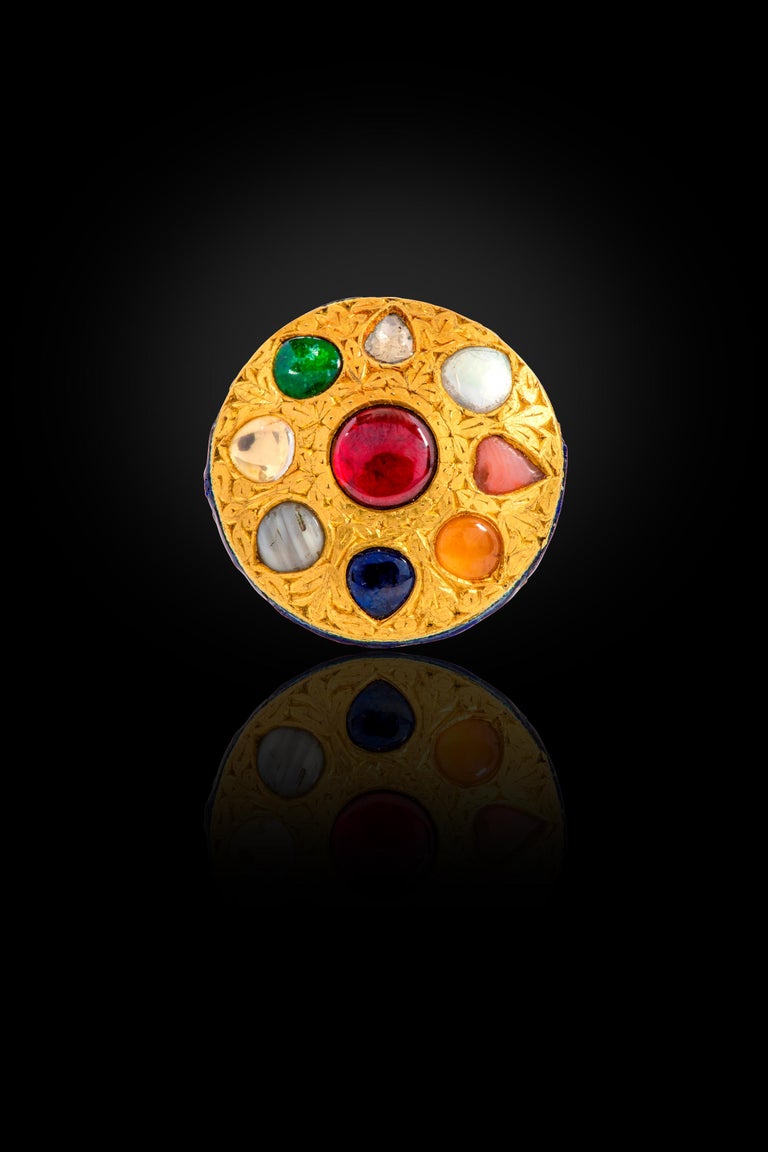 22 Karat Gold Nine Precious Gems Cocktail Ring with Blue Enamel Work ...