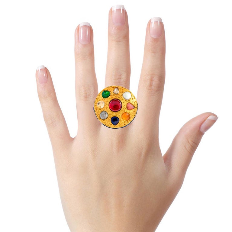 22 Karat Gold Nine Precious Gems Cocktail Ring with Blue Enamel Work ...
