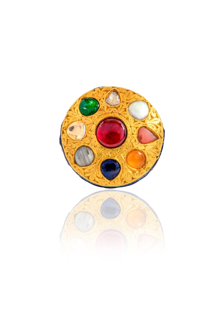 22 Karat Gold Nine Precious Gems Cocktail Ring with Blue Enamel Work ...