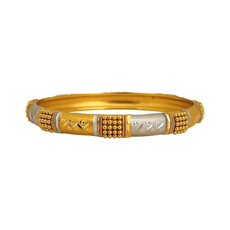 22 Karat Yellow Gold and Rhodium Solid Diamond Cut Beaded Bangle ...