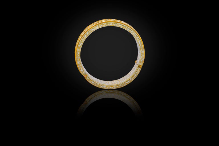 22 Karat Yellow Gold Three Line Diamond and White Enamel Bangle ...