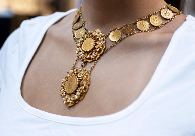 22 Karats Yellow Gold Mexican Coin Medalion Choker Necklace For Sale at ...