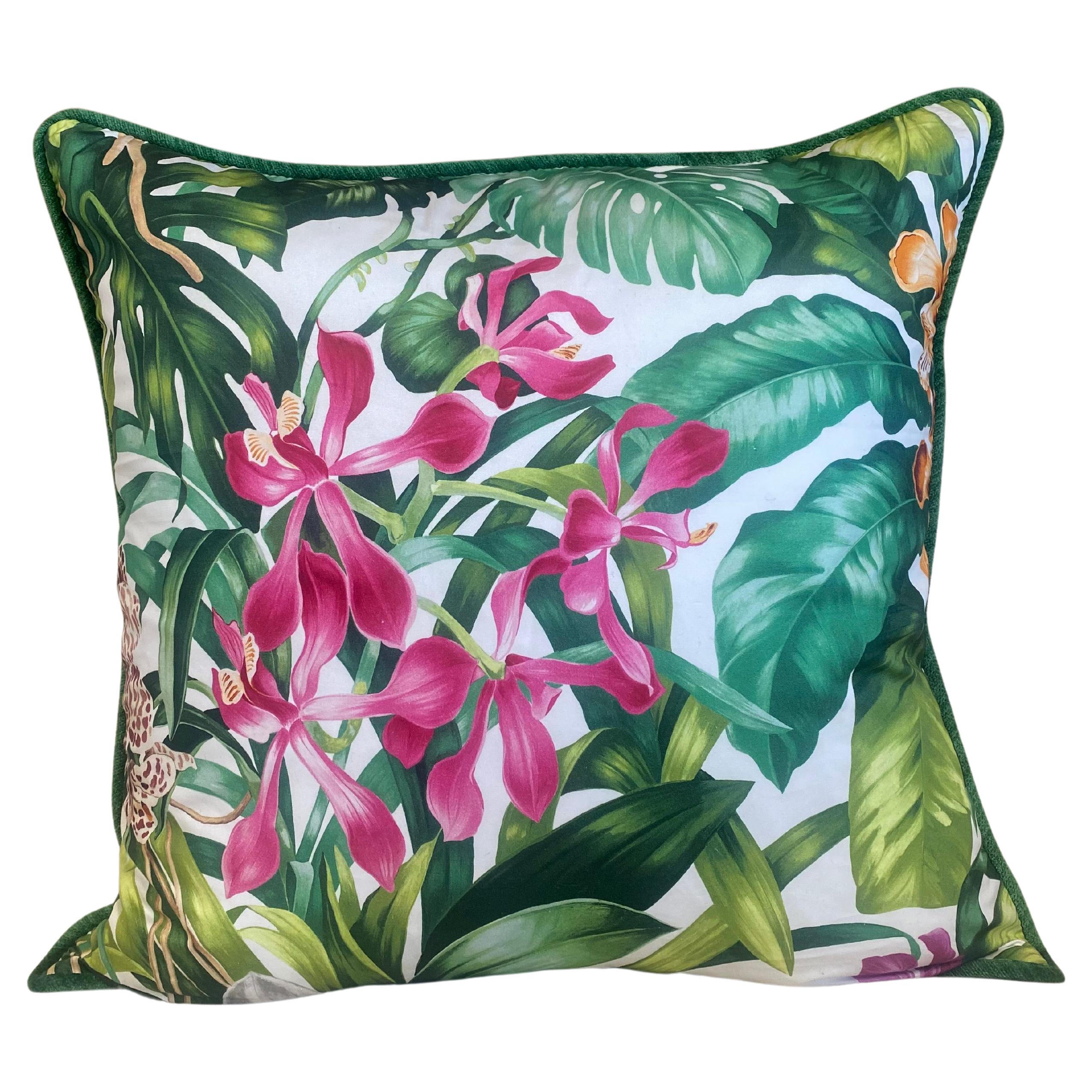 Bright Floral Tropical Print Cotton with Green Velvet Welt and ...
