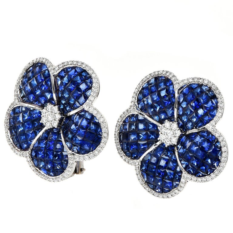 22.05 cts Blue Sapphire Diamond 18K White Gold Pave Large Flower ...