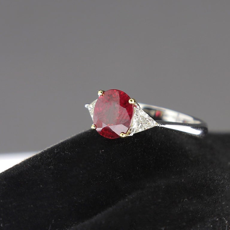 2.22 Carat Cushion Ruby Ring Three-Stone Ruby and Diamond Rings 18K ...