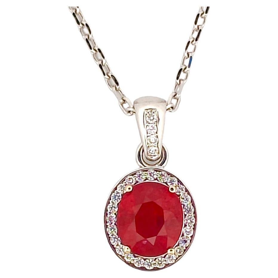 2.24 Carat Round Ruby with Halo Diamonds 18K White Gold Pendant For ...