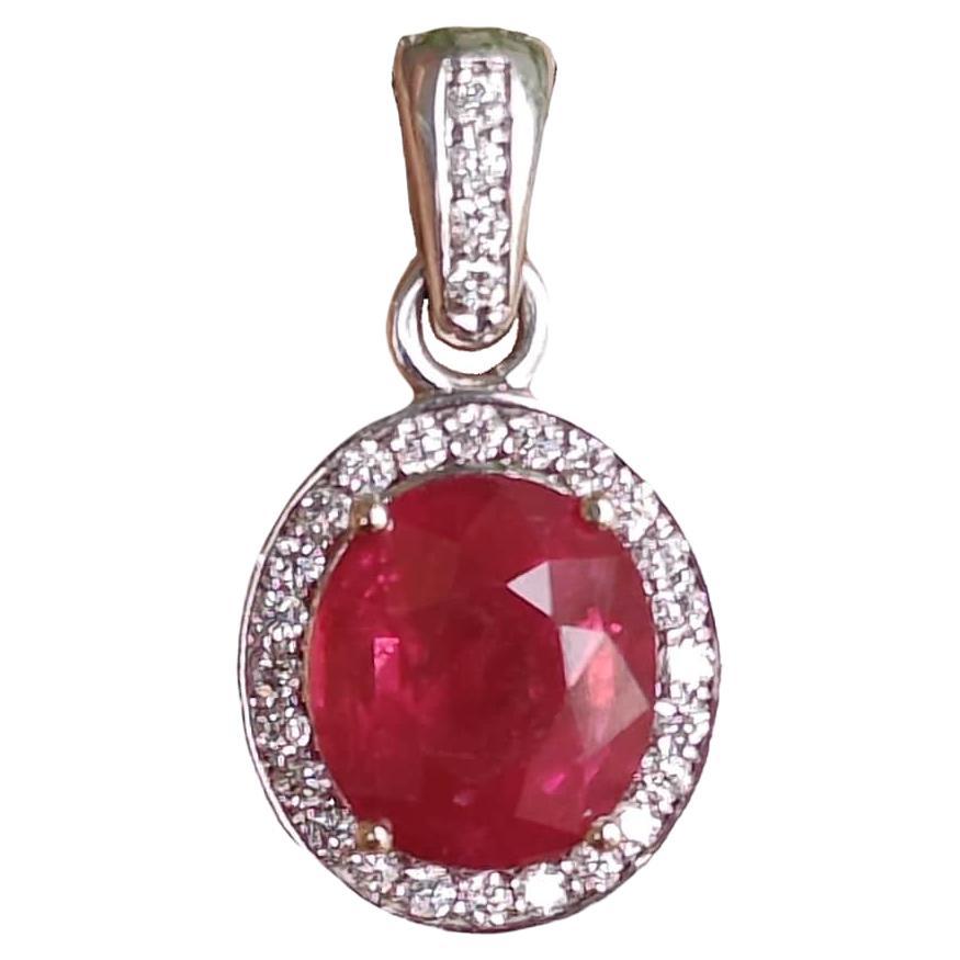 2.24 Carat Oval Mozambique Ruby Pendant with Halo Diamonds in 18K White ...