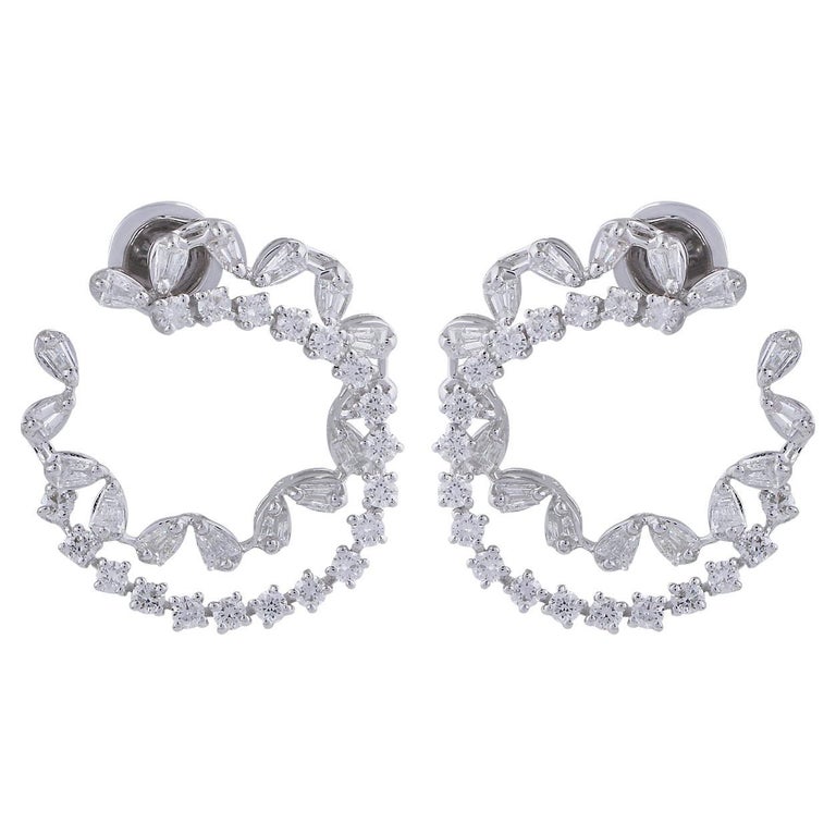 2.25 Carat Baguette Round Diamond Earrings 18 Karat White Gold Handmade Jewelry For Sale at 1stDibs