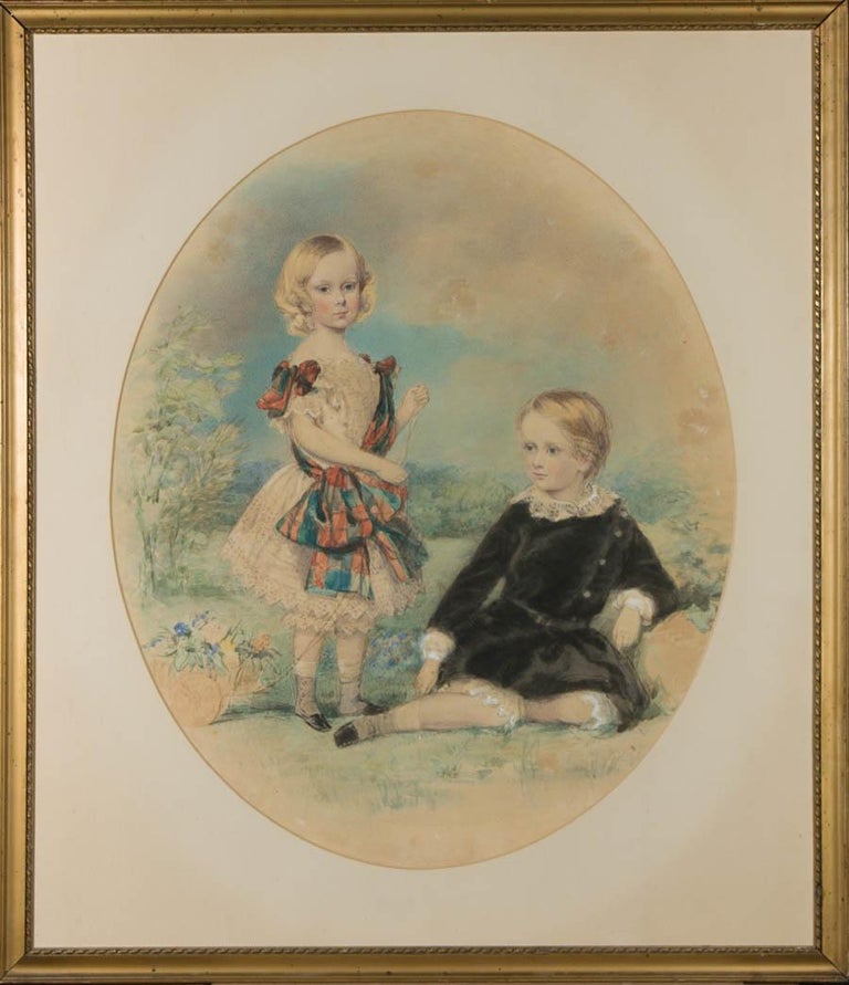 Unknown - Framed c.1840 Watercolour - Portrait of Two Young Boys For ...