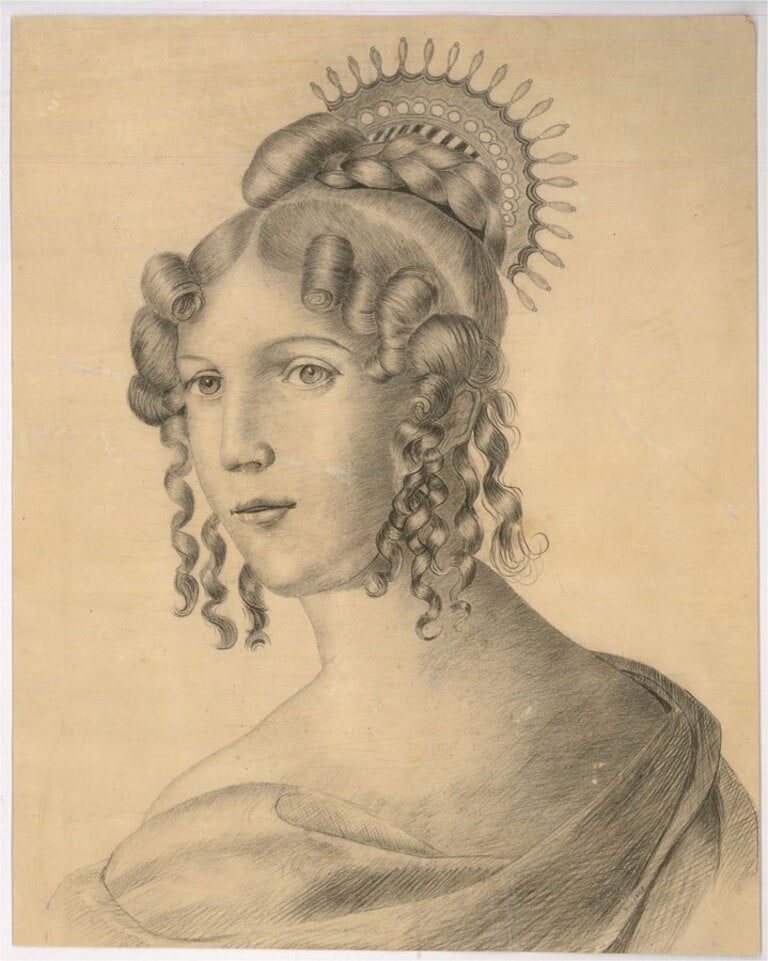 Unknown - 1828 Graphite Drawing - Elegant Young Woman For Sale at 1stDibs
