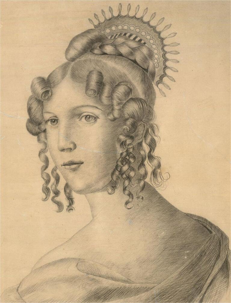 Unknown - 1828 Graphite Drawing - Elegant Young Woman For Sale at 1stDibs