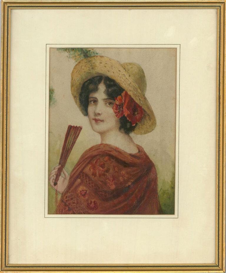 Unknown - Framed Late 19th Century Watercolour - Lady with the Fan For ...