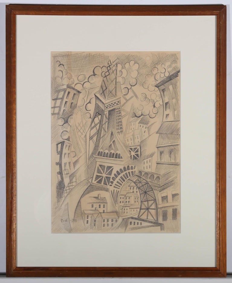 After Robert Delaunay - Early 20th Century Graphite Drawing, Red Eiffel ...
