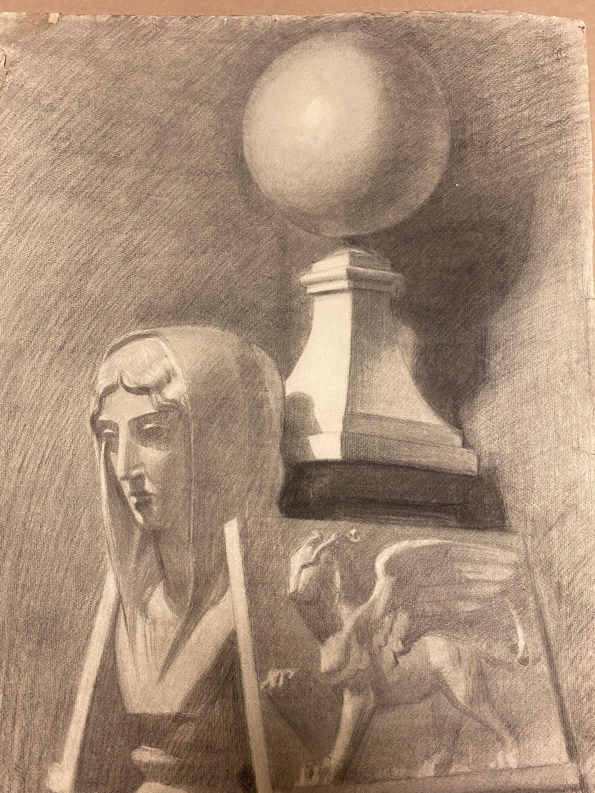 Jeanne Nachat - 1900s Atelier Life Drawing Of A Sculpture Of A Nun ...