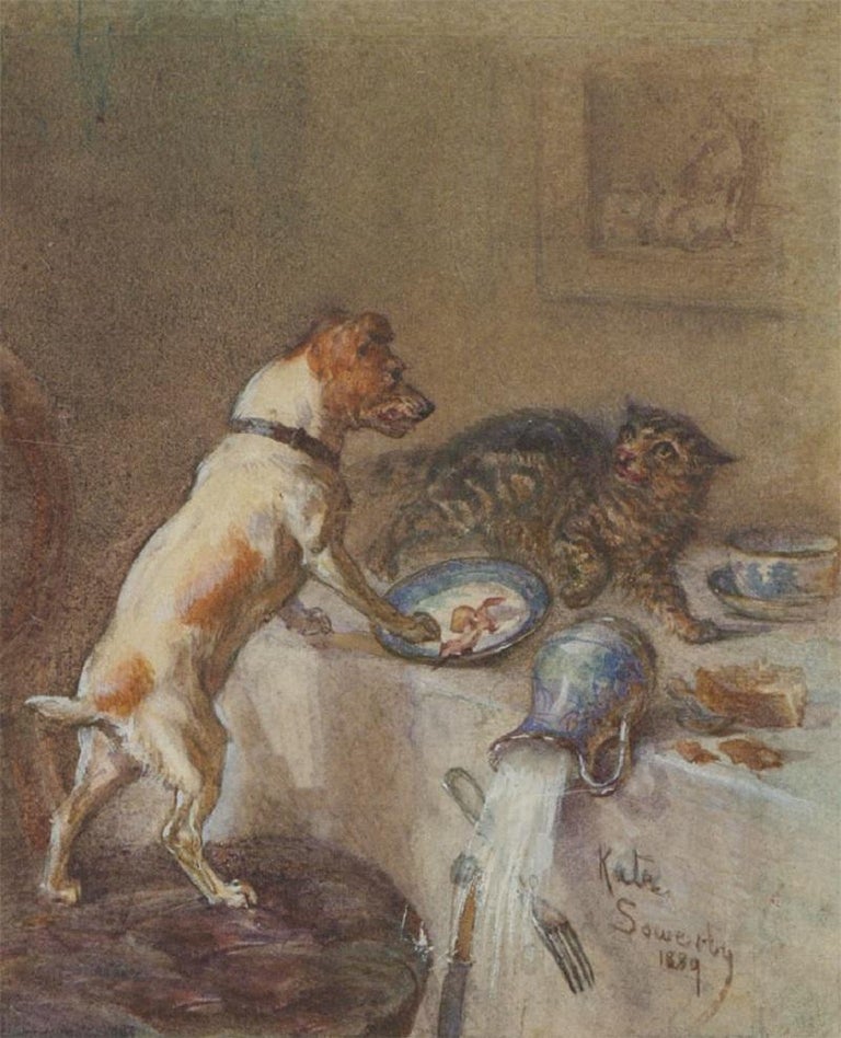 Unknown - Kate Sowerby (act.1883-1900) - 1889 Watercolour, Dog and Cat ...