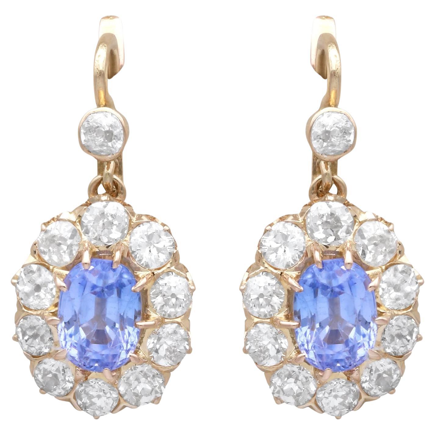 2.27Ct Sapphire and 2.52Ct Diamond, 18k Yellow Gold Drop Earrings Circa ...
