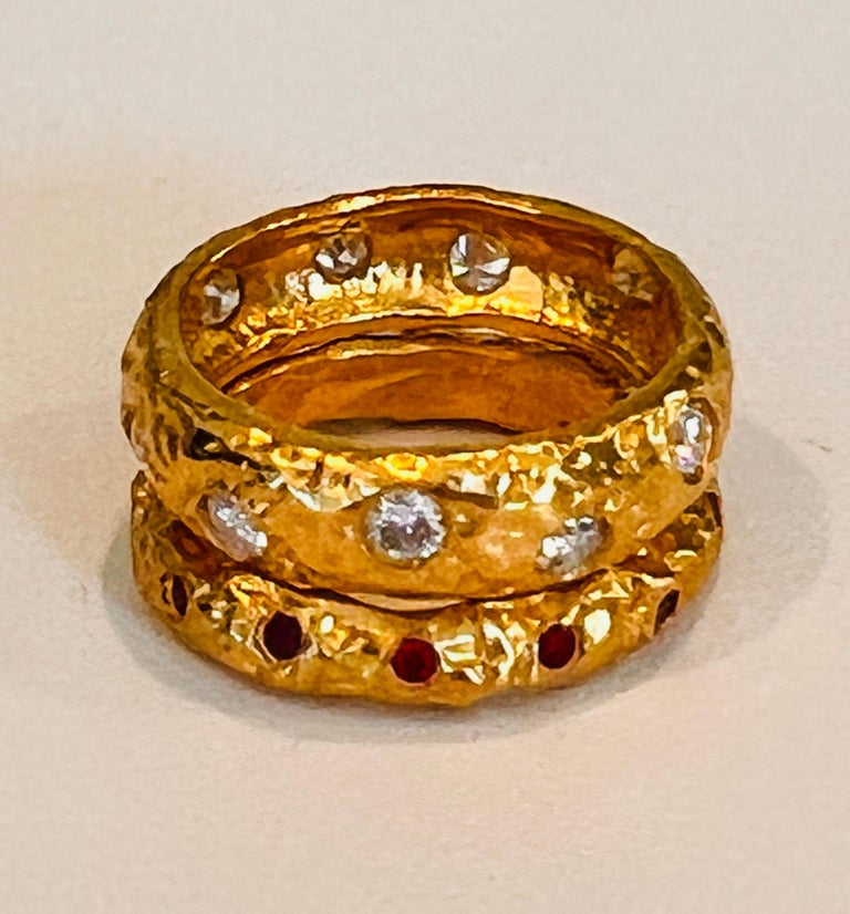 22k Gold Chunky Foil Stacking Rings with Red Sapphires, by Tagili For ...