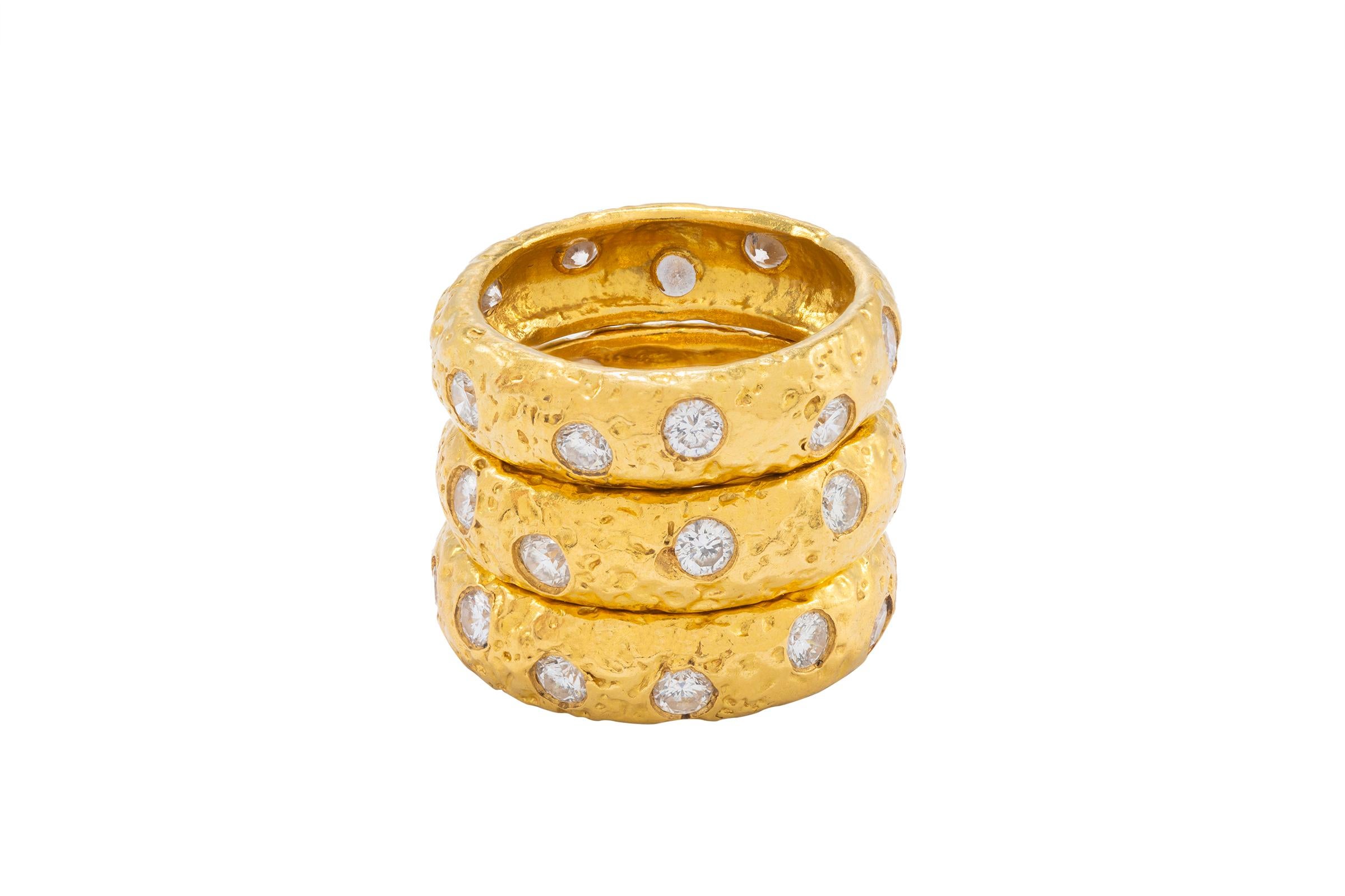 22k Gold Hammered Thick Stacking Rings with Diamonds, by Tagili For Sale at 1stDibs | diamond ...