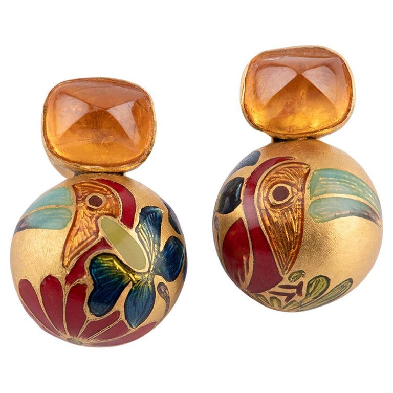 22k Gold Handmade 2.3 Carat Mandarin Garnet Floral Enamel Studs by ...