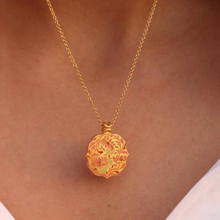 22k Gold Handmade Pink Enamel Reversible Lotus Pendant Necklace by ...