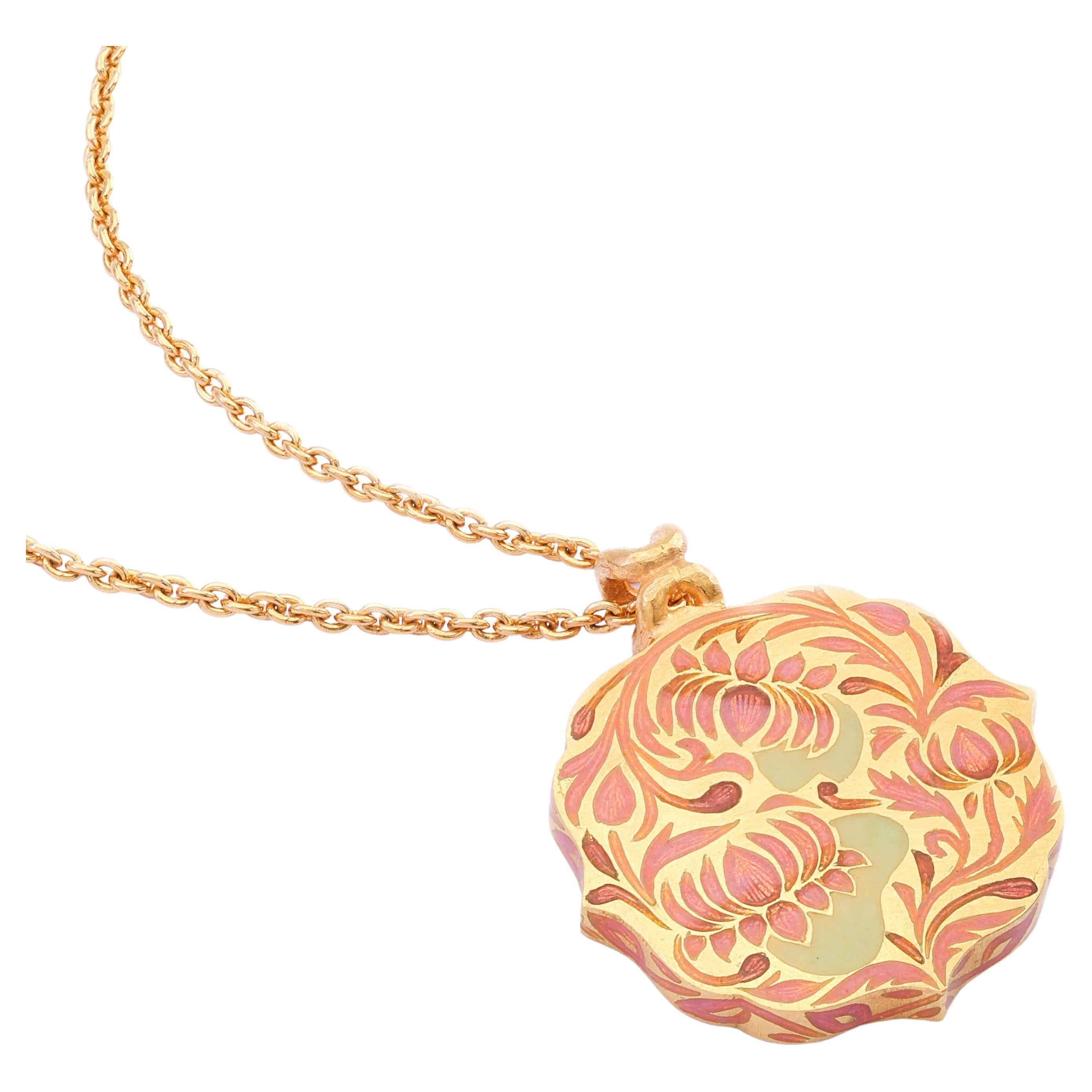 22k Gold Handmade Pink Enamel Reversible Lotus Pendant Necklace by ...