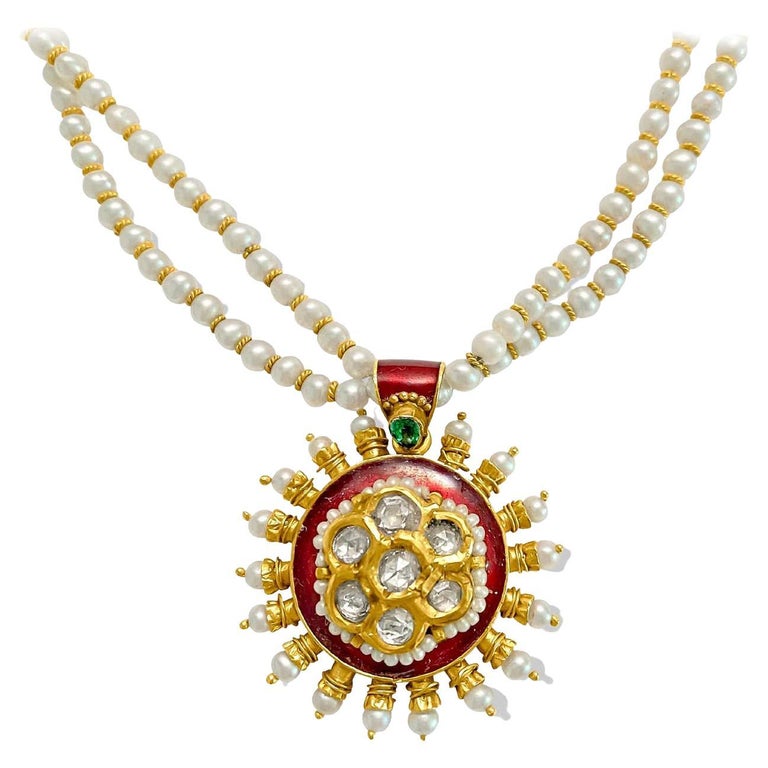 22k Gold Natural Basra Pearl Diamond Emerald Necklace For Sale at 1stDibs