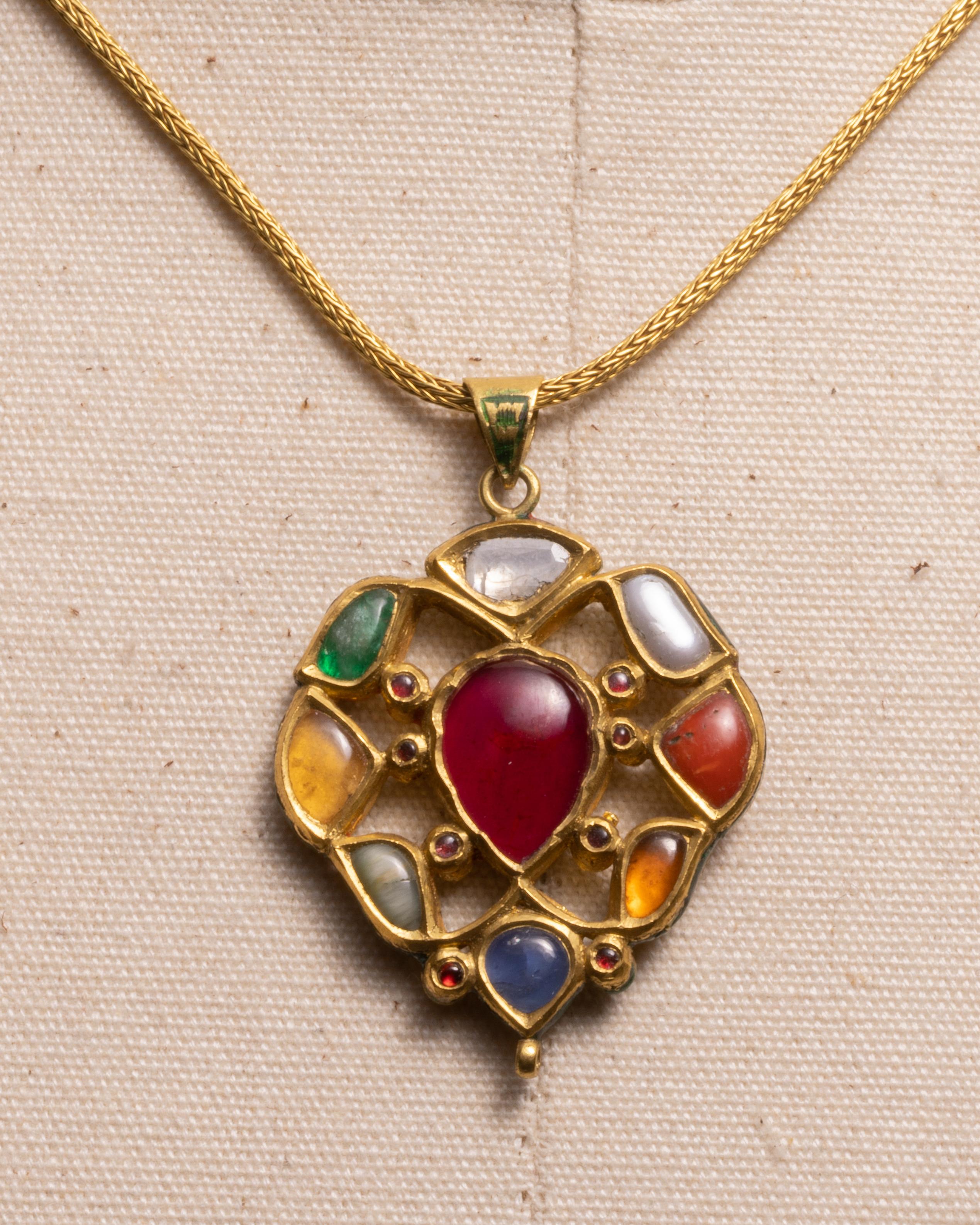 22K Gold NavaRatna Reversible Pendant Necklace For Sale at 1stDibs ...