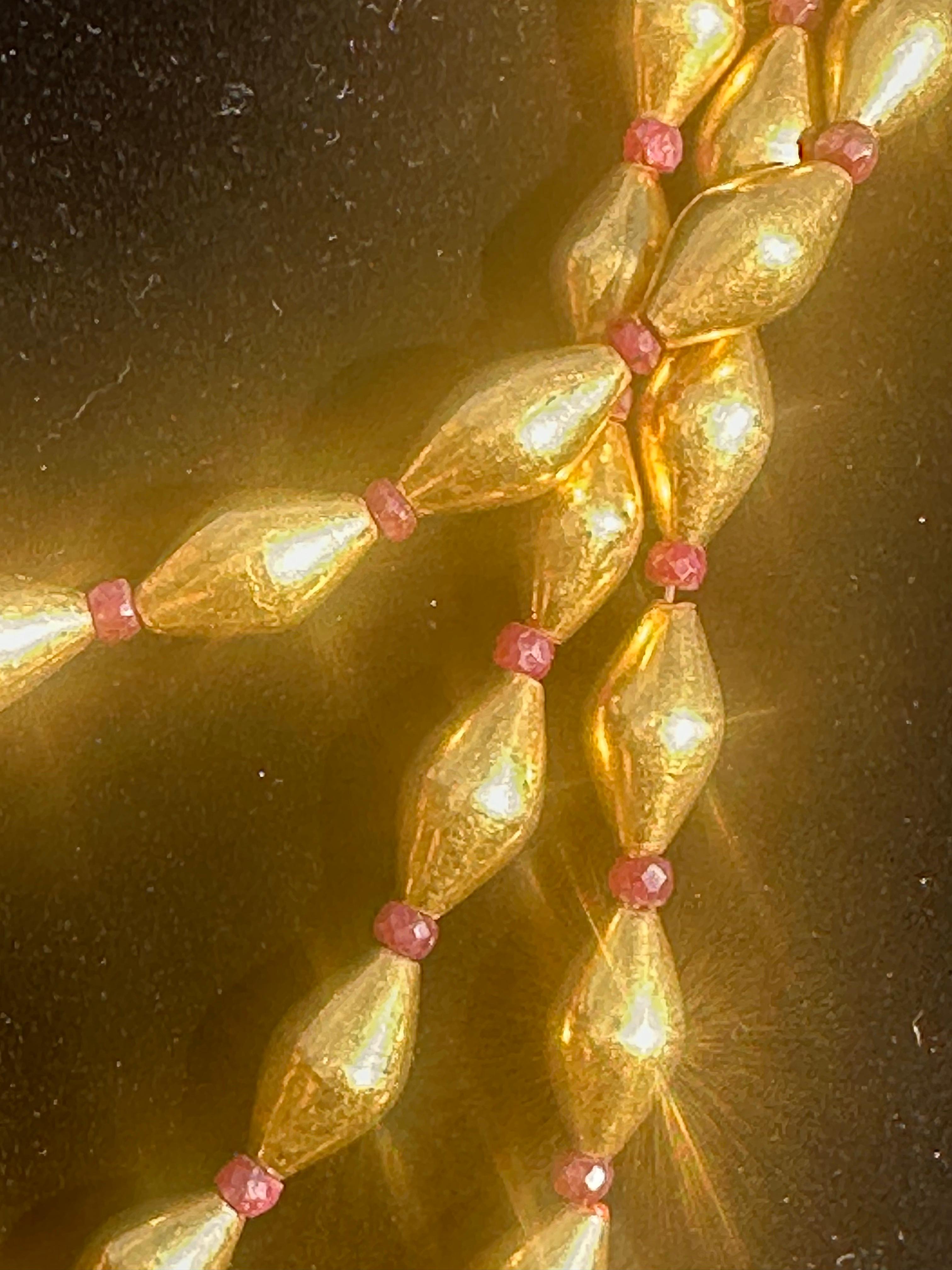 22k Gold Silver Oval Dholki Beads and Ruby Beads 3 line necklace Indian ...