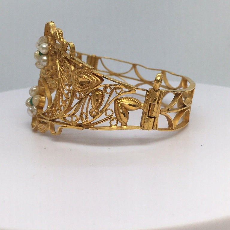 22K Solid Gold Filigree Bangle Bracelet Pearls Emeralds 22 Gram Pin ...