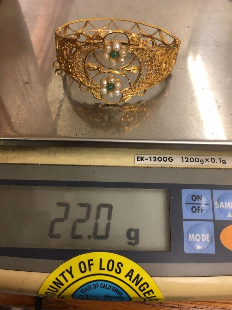 22K Solid Gold Filigree Bangle Bracelet Pearls Emeralds 22 Gram Pin ...