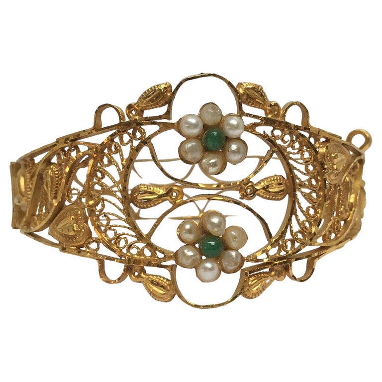 22K Solid Gold Filigree Bangle Bracelet Pearls Emeralds 22 Gram Pin ...