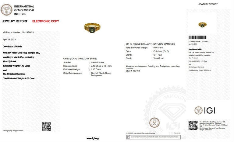 22k Yellow Gold Vintage Style Ring w/ 1.16ct Natural Diamonds and Spinel IGI Cert For Sale at ...