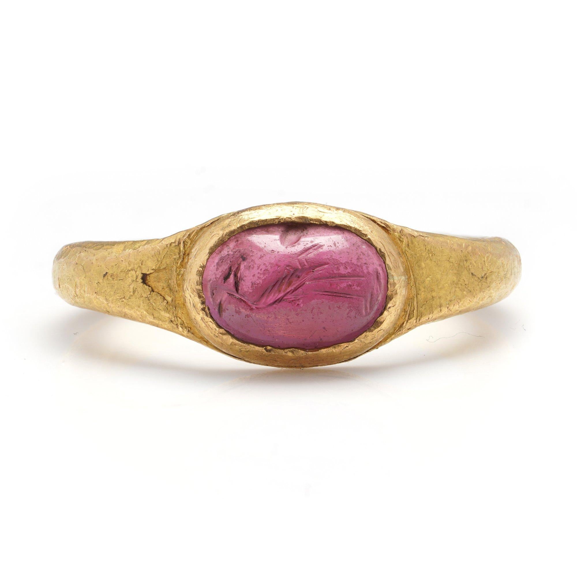 22kt. gold Roman carved amethyst intaglio ring featuring a standing ...