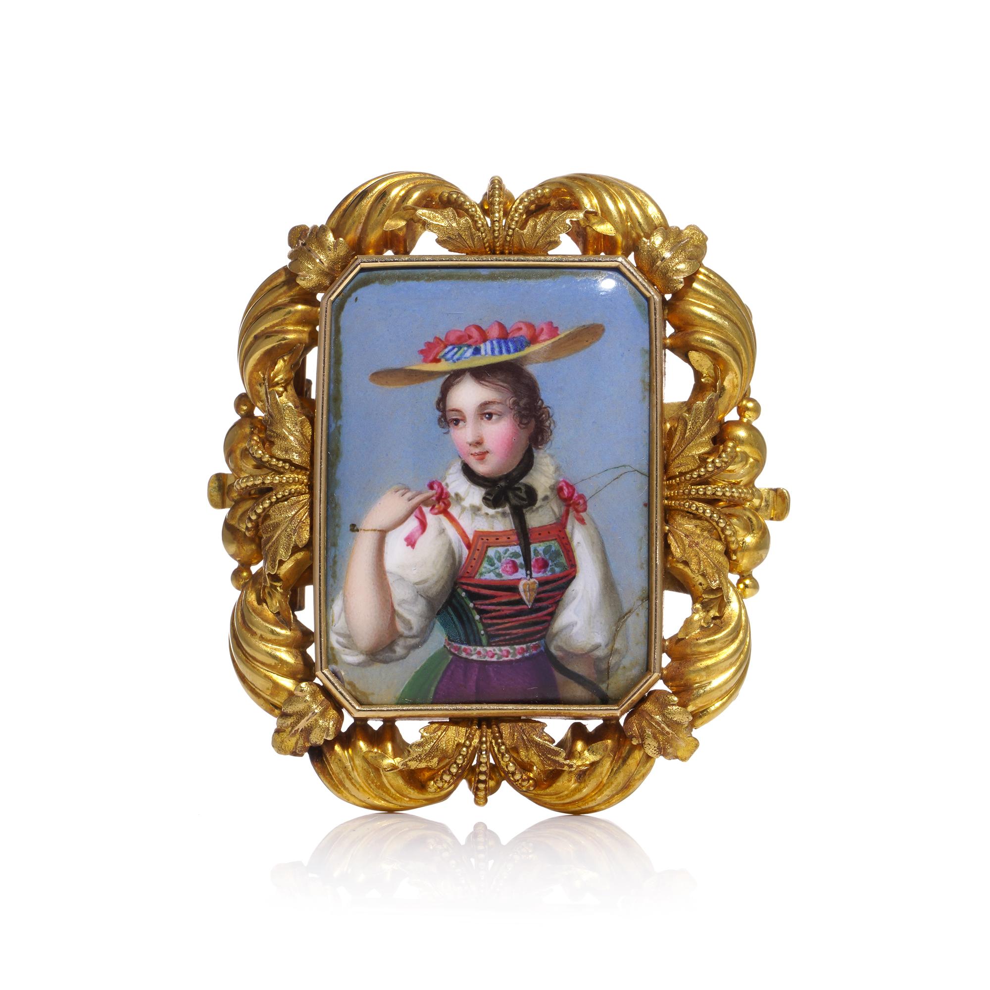 22kt yellow gold Swiss Enamel painted porcelain portrait brooch For ...
