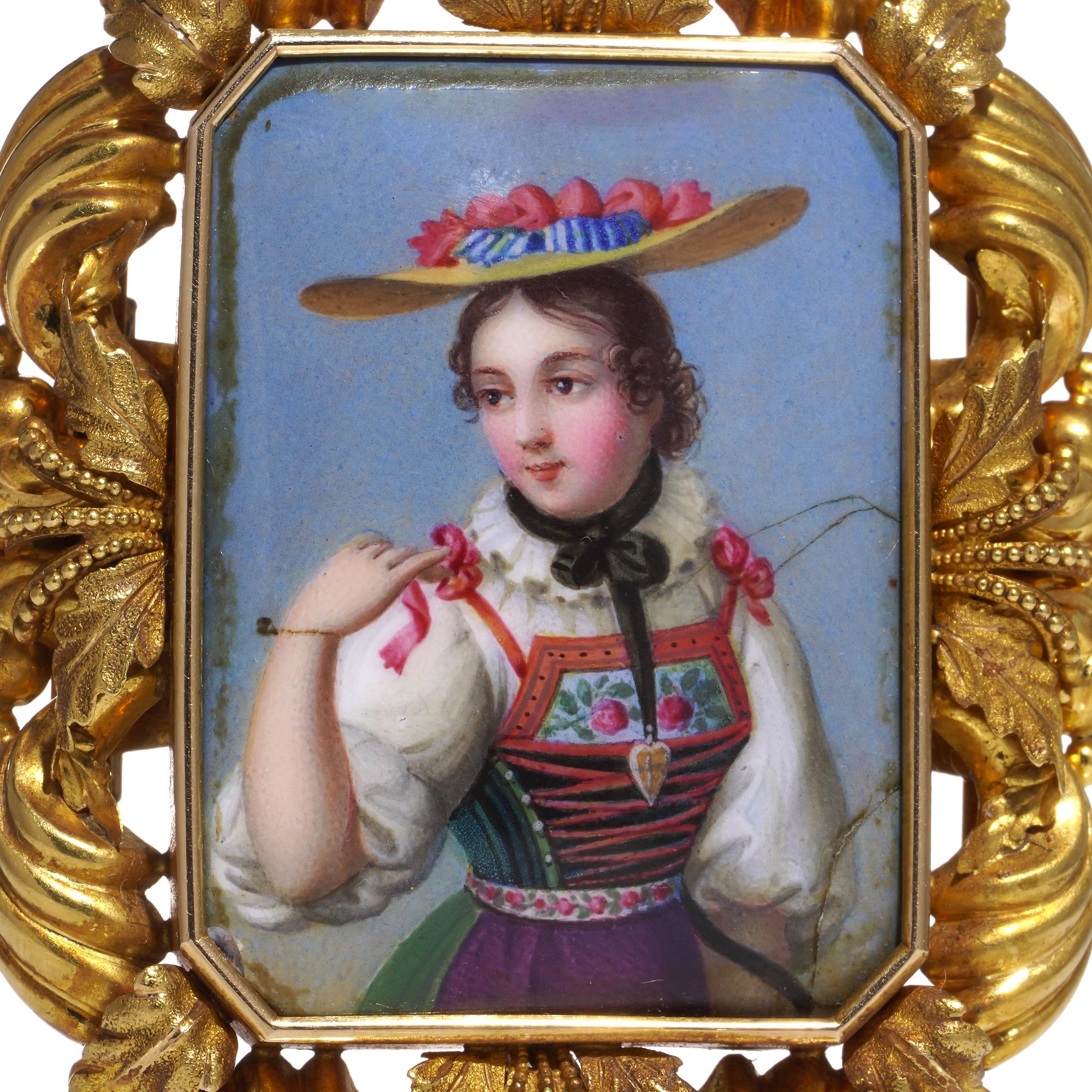 22kt yellow gold Swiss Enamel painted porcelain portrait brooch For ...