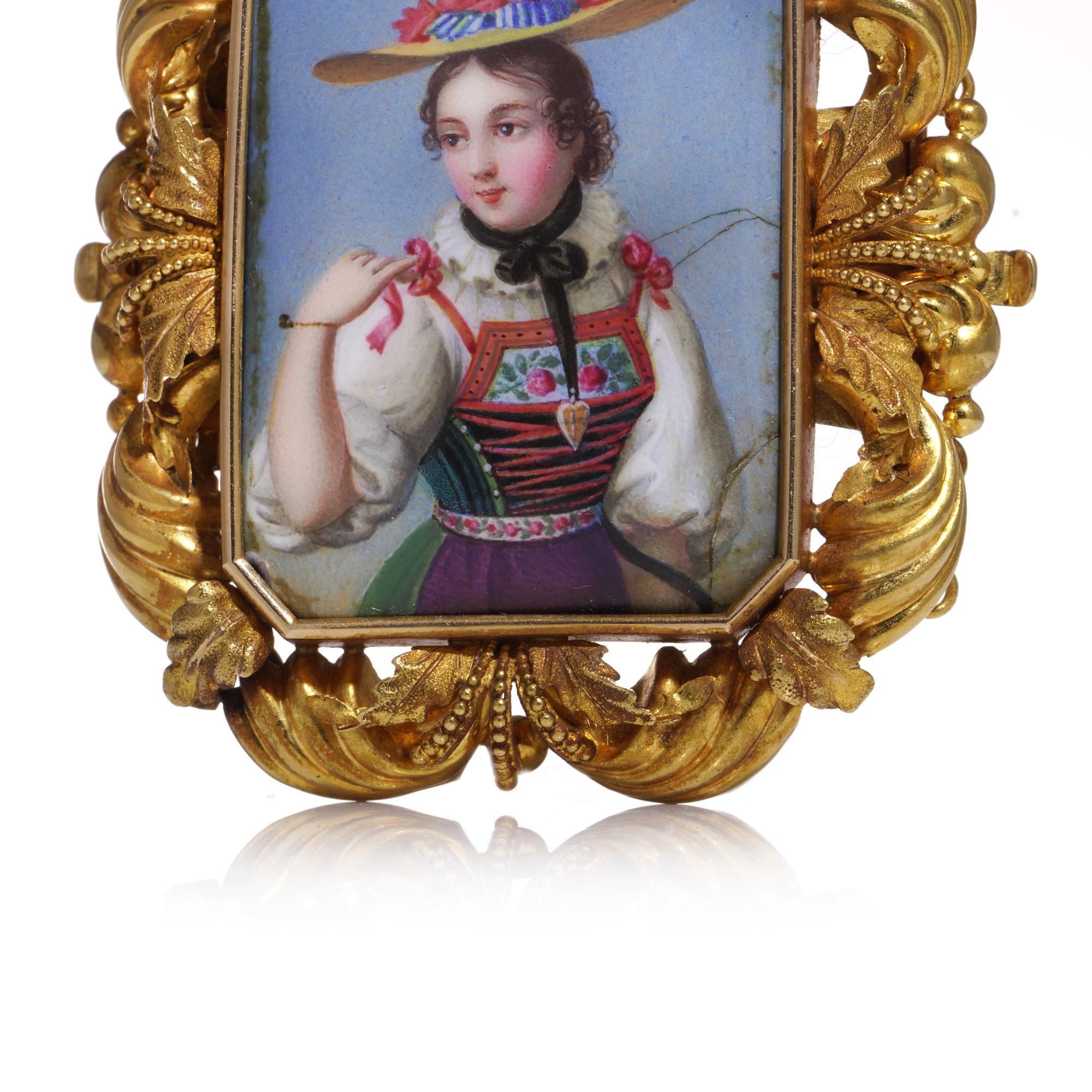 22kt yellow gold Swiss Enamel painted porcelain portrait brooch For ...