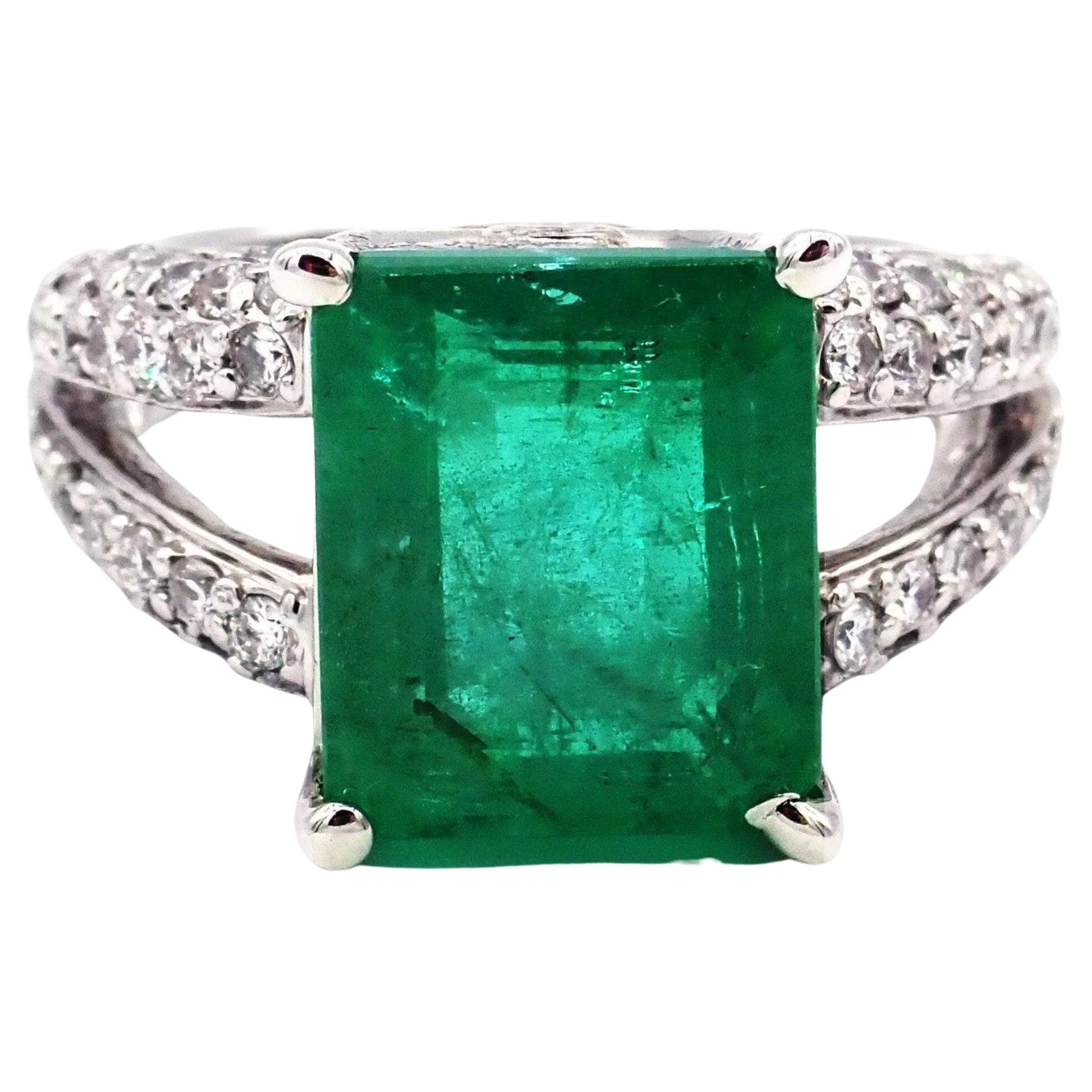 Fine Natural Colombian Emerald Diamond Engagement Ring For Sale at ...