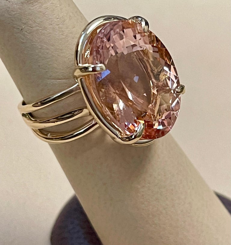 23 Carat Oval Shape Morganite Cocktail Ring 14 Karat Yellow Gold Estate ...