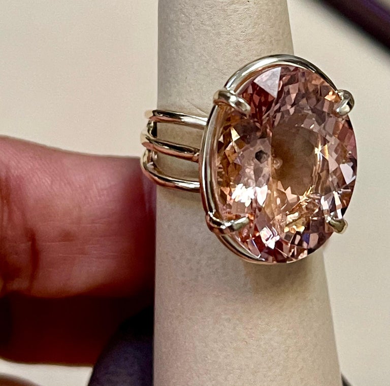 23 Carat Oval Shape Morganite Cocktail Ring 14 Karat Yellow Gold Estate ...