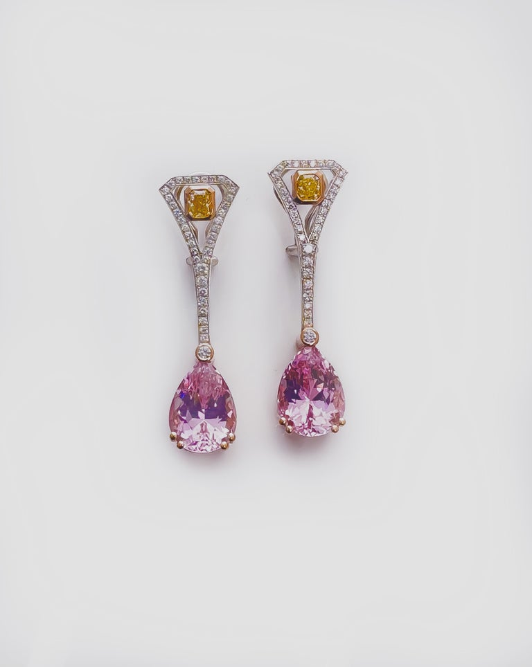 23 Carat Pink Kunzite Cocktail Earrings with White and Yellow Diamonds ...