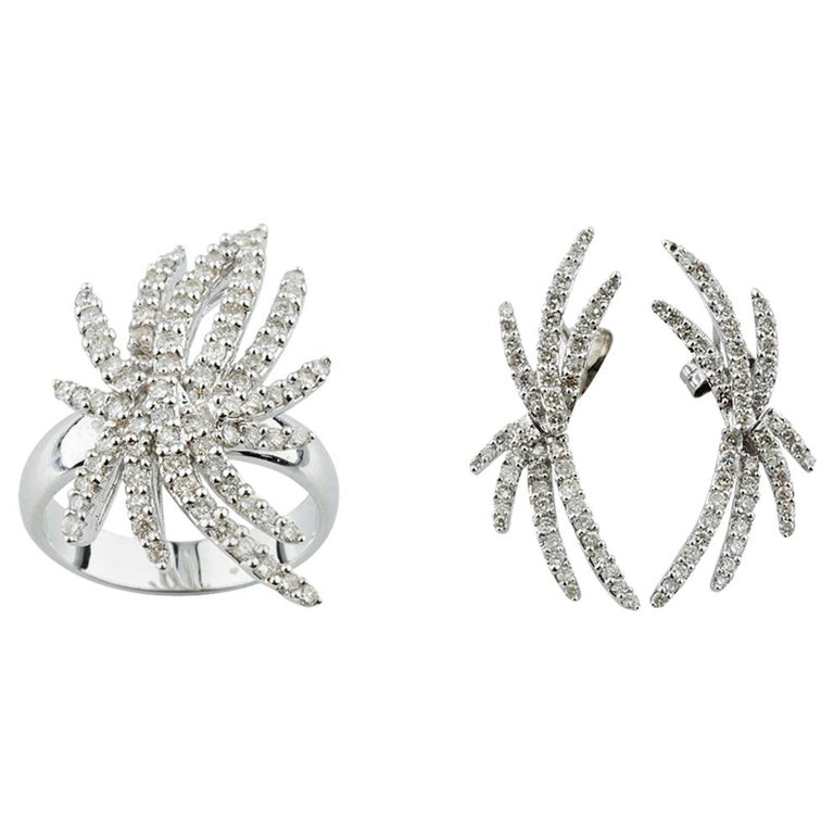 2.30 Carat Diamond Firework Ring and Stud Earring Set in White Gold For ...