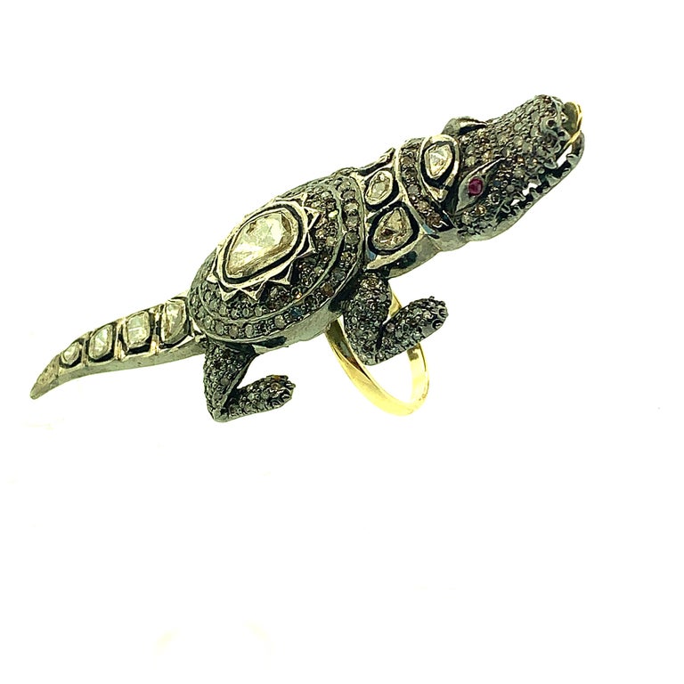 2.30 ct Old Mine Cut Diamond Alligator Ring Oxidized Sterling Silver ...